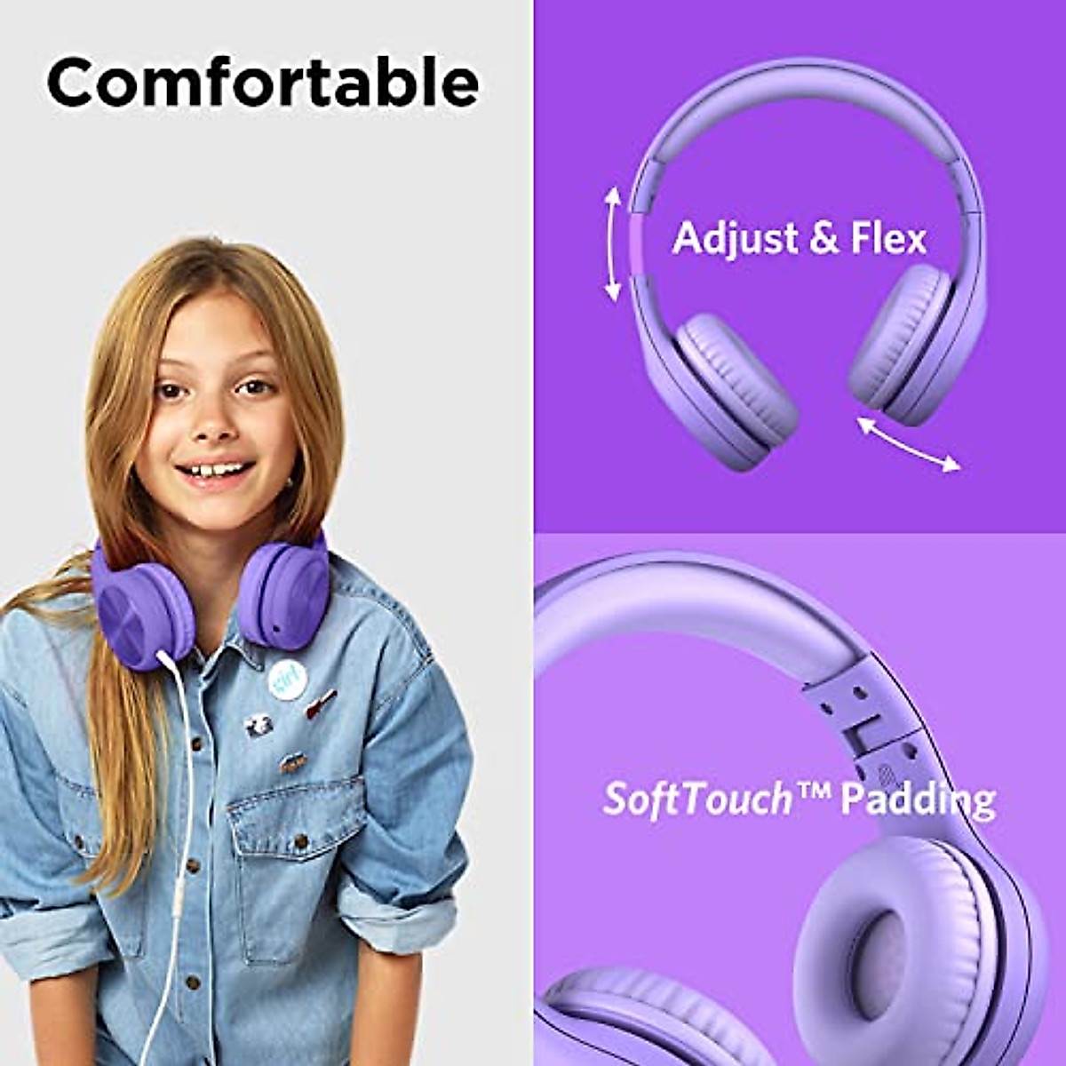 LilGadgets Connect+ Pro Kids Headphones Wired - Designed with Kids' Comfort in Mind, Foldable Over-Ear Headset with in-line Microphone, Toddler Headphones for Kids, Purple