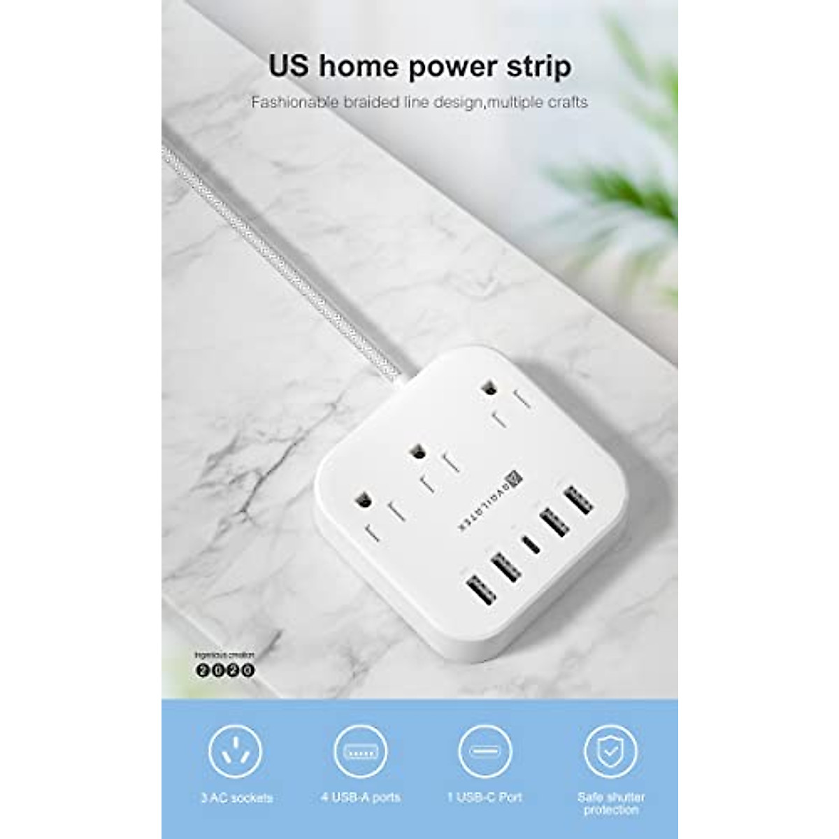 Power Strip, 3 Outlets, 4 USB Charging Ports, 1 USB-C Port, 5Ft Braided Extension Cord. Wall or Desk. Home Office Travel