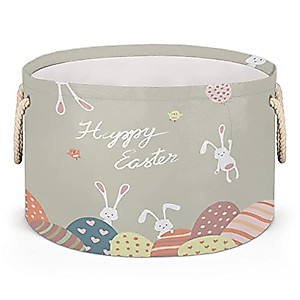 Happy Easter Egg And Rabbit Large Round Baskets for Storage Laundry Baskets with Handles Blanket Storage Basket for Bathroom Shelves Bins for Organizing Nursery Hamper Girl Boy
