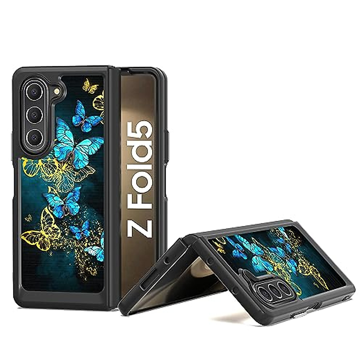 NKase for Samsung Galaxy Z Fold 5 Case, Samsung Z Fold 5 Case Cute Hard Slim Cover Galaxy Z Fold 5 Case Shockproof Women Girls Men Protective Case for Galaxy Z Fold 5 5G Case, Gold/Blue Butterfly