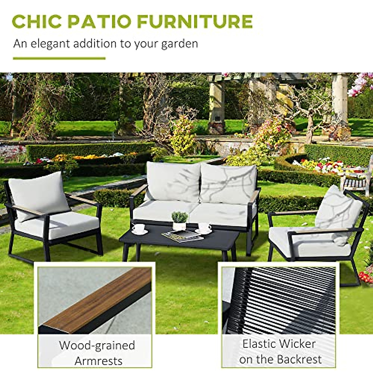 Outsunny 4 Piece Patio Furniture Set, Aluminum Conversation Set, Outdoor Garden Sofa Set with Armchairs, Loveseat, Center Coffee Table and Cushions, Cream White