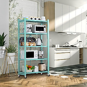 Track Seven 5-Tier Storage Shelving Unit w/Hooks and Wheels, 27.9"x13.4"x62.5", Standing Foldable Storage Rack, Metal, Kitchen, Garage, No Assemble Require (Blue)