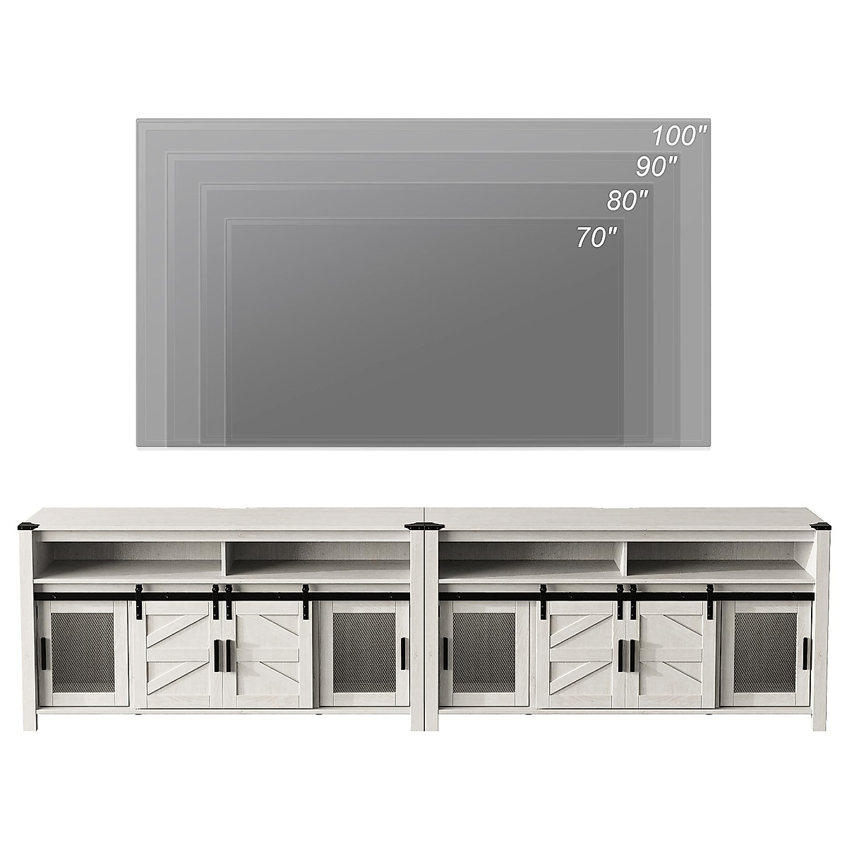 WAMPAT TV Stand for 100+ Inch TVs, Set of 2 Tall Highboy Farmhouse Entertainment Center w/Mesh & Sliding Barn Doors, Extra Wide Wood Media Console w/Adjustable Shelf & Blue LED Lights, Antique White