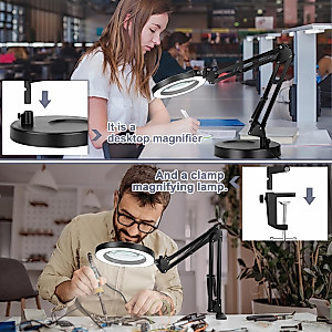 10X Magnifying Glass with Light, Krstlv Upgrade Button 5 Color Modes Stepless Dimmable 2-in-1 LED Lighted Desk Lamp & Clamp, Hands Free Magnifier with Light and Stand for Craft Hobby Repair Close Work