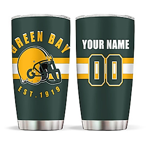Custom Green Bay Tumbler 20oz Stainless Steel with Lid & Straw Personalized Football Fans Gifts for Women Men Coffee Travel Mug Cup Add Name Number
