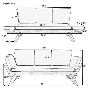 Goohome Outdoor Futon, Outdoor Daybed Cushion Patio Sofa, Adjustable Convertible Wooden Patio Loveseat Sofá Chaise Lounge Sectional Furniture Set, for Balcony, Backyard, Poolside