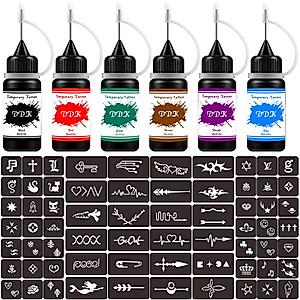 Temporary Tattoo Kit with 6 Colors Semi Permanent Ink DIY Fake Freckles and 64 Patterns Adhensive Stencils for Women Men Kids, Black/Red/Green/Brown/Purple/Blue