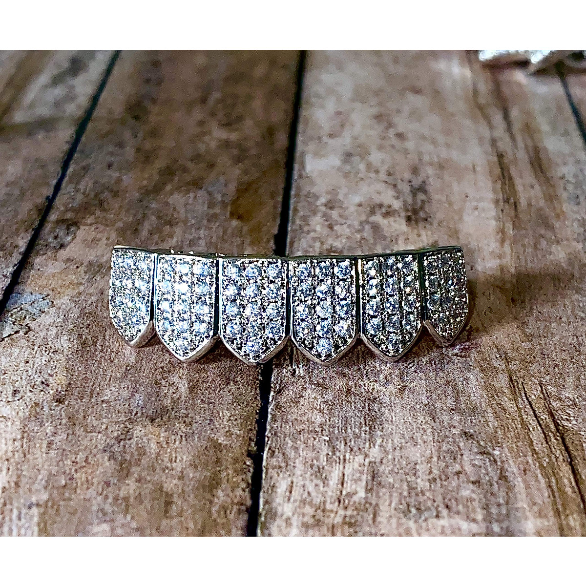 18K White Gold Plated CZ Cluster Custom Slugs Top Bottom Grillz Mouth Teeth Grills Set - Grillz, Teeth Cap, Iced Out Grillz (Silver Top & Bottom Set)