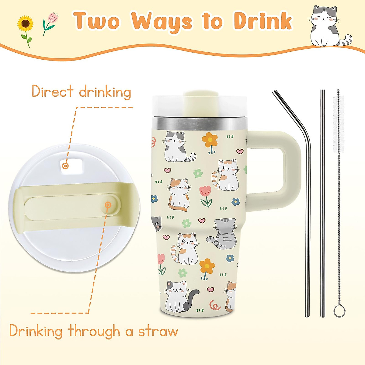 Cute Cat Gifts for Kids, Cat Tumbler with Handle and Straw for Kids 14 oz, Cat Lovers Gifts for Toddlers, Insulated Stainless Steel Cats Mug, Birthday Gifts for Girls Boys Daughter Son