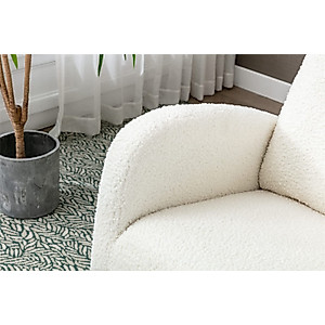 Pannow Upholstered Rocking Chair Mid-Century, Modern Nursery Rocking Armchair, Upholstered Tall Back Accent Glider Rocker with 2-Side Pocket for Bedroom Living Room Lounge (White Teddy)