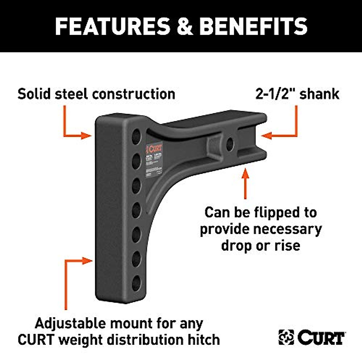 CURT 17131 Replacement Weight Distribution Hitch Shank, 2-1/2-Inch Receiver, 2-Inch Drop, 6-Inch Rise , Black