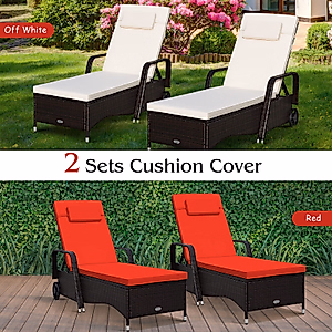 Tangkula Patio Wicker Chaise Lounge Chair with Wheels, Adjustable Rattan Reclining Chair with Armrests & Cushions, Red & Off White Cover, Outdoor Recliner Chair for Pool Deck Beach Backyard (1, Brown)