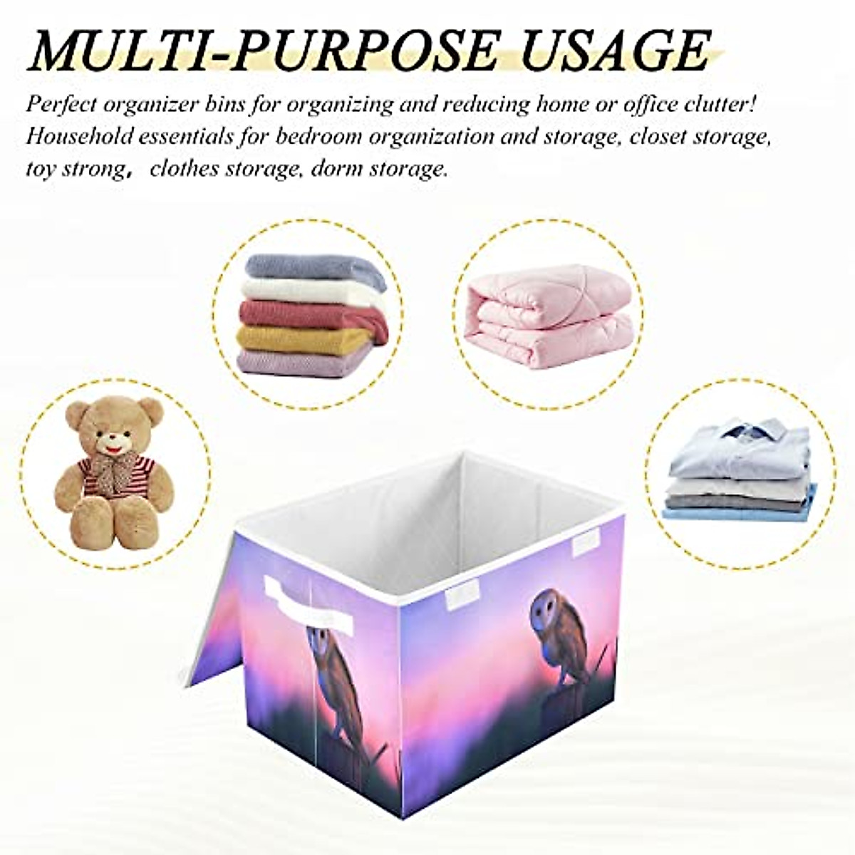 Kigai Storage Basket Cute Owl Storage Boxes with Lids and Handle, Large Storage Cube Bin Collapsible for Shelves Closet Bedroom Living Room, 16.5x12.6x11.8 In
