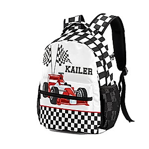 NZOOHY Race Car Checkered Personalized Kids School Backpack Custom for Boys Girls Primary Daypack School Bookbag Travel Bag
