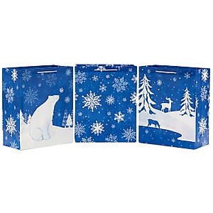 Hallmark 13" Large Holiday Gift Bag Bundle (Snowflakes on Blue, Polar Bear, Snowy Woodland Scene) for Christmas, Hanukkah, Winter Solstice, Birthdays