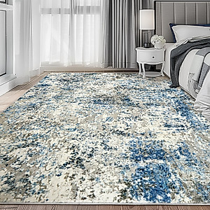 Area Rug Living Room Rugs - 5x7 Modern Abstract Large Soft Machine Washable Rug Stain Resistant Non Slip Faux Wool Low Pile Accent Carpet for Bedroom Dining Home Studio College Office - Grey/Blue