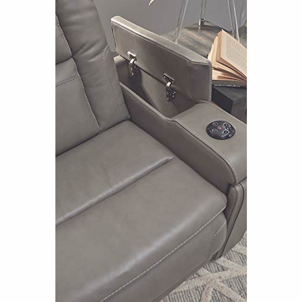 Signature Design by Ashley Boerna Leather Power Recliner with Adjustable Headrest, Bluetooth Speakers & Wireless Charger, Gray 41D x 37W x 44H in