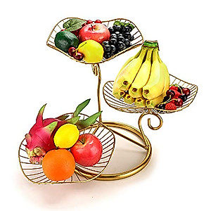 OwnMy 3-Tier Fruit Basket Stand Decorative Iron Fruit Bowl, Metal Wire Fruit Holder Storage Trays Table Countertop Holder for Vegetables Bread Snack, Modern Fruit Bowls for Kitchen Home Use (Gold)