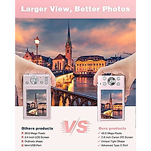 Digital Camera Auto Focus 2.7K 48MP Digital Point and Shoot Camera with 32GB Memory Card,16X Zoom, Time Lapse Vlogging Camera Digital Cameras for 8-15 Years Kids Teenagers Students Boys Girls,Pink