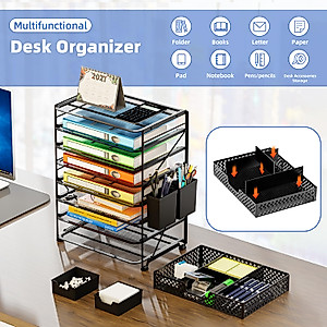 Simple Trending 4-Trays Mesh Office Supplies Desk Organizer, Desktop Hanging File Holder with Drawer Organizer and Vertical Upright Section for Office Home, Black