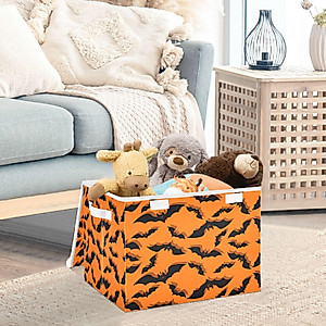 Storage Bins with Lid Silhouettes Of Black Bats Toys Fabric Storage Basket Large Collapsible Organizers Bedroom Halloween Orange Storage Boxes Cubes and Handles for Clothes Office Shelves