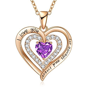 Women's Jewelry Birthstone Necklace for Wife Valentine’s Day for Girlfriend Wife Heart Pendant with Amethyst Necklaces for Her on Birthday Mother's Day Anniversary Christmas (Rose Gold-Feb-Amethyst)