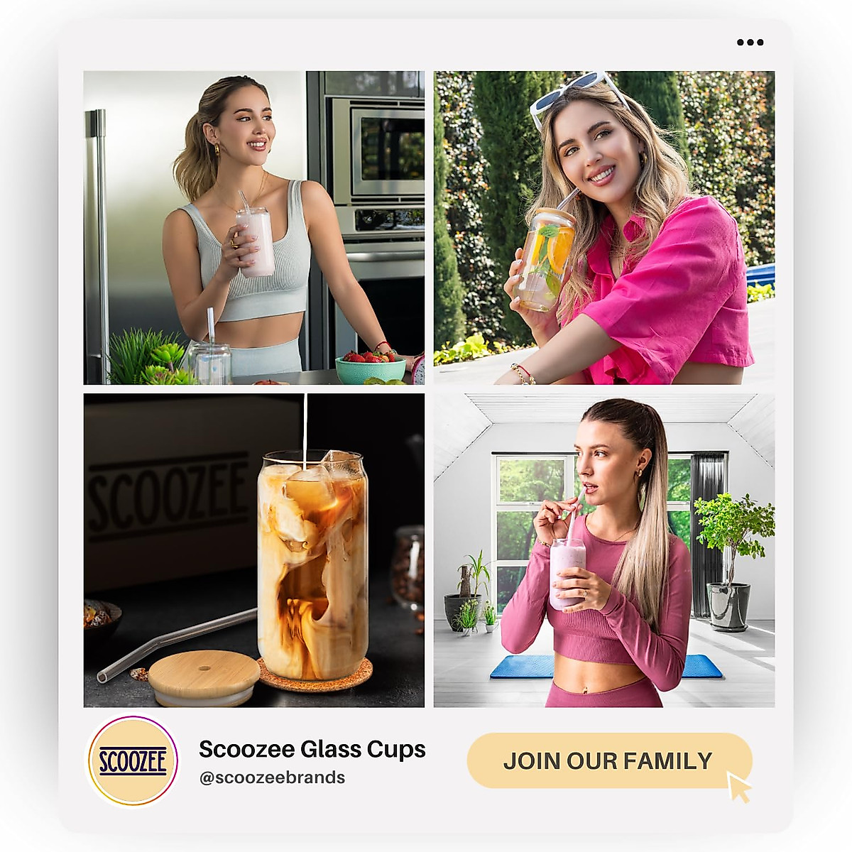 Scoozee Glass Cups with Lids and Straws (Set of 4, 16 oz) - Glass Tumbler with Straw and Lid, Can Shaped Drinking Glasses, Iced Coffee Cup, Beer Glasses - Aesthetic Cute Coffee Bar Gift