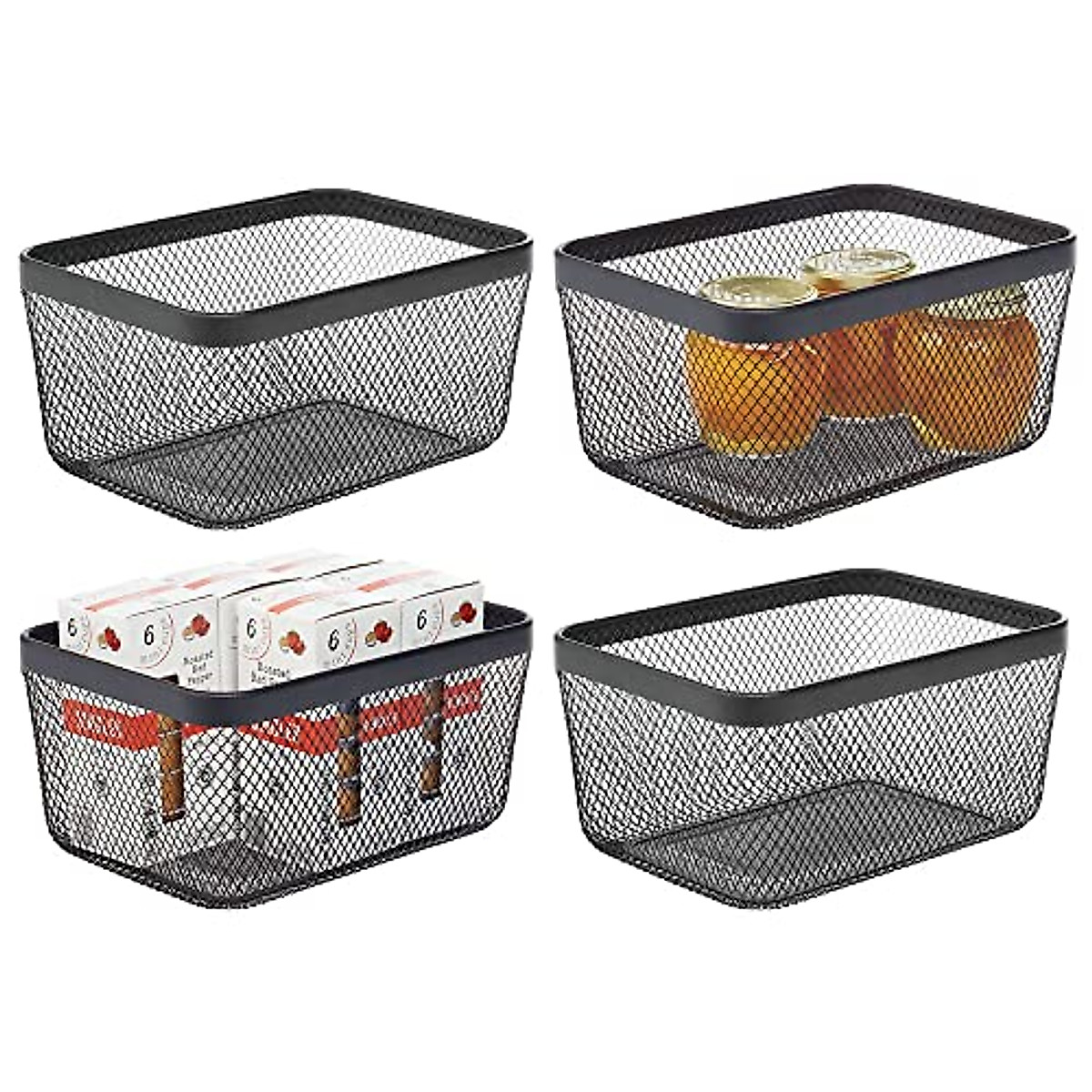 mDesign Steel Food Storage Organizer Bin Mesh Basket, Space Saving for Kitchen Cabinets, Countertop, Pantry, Fridge, Freezer Organization, Canned Food, Sugar, Flour, Meshi Collection - 4 Pack - Black