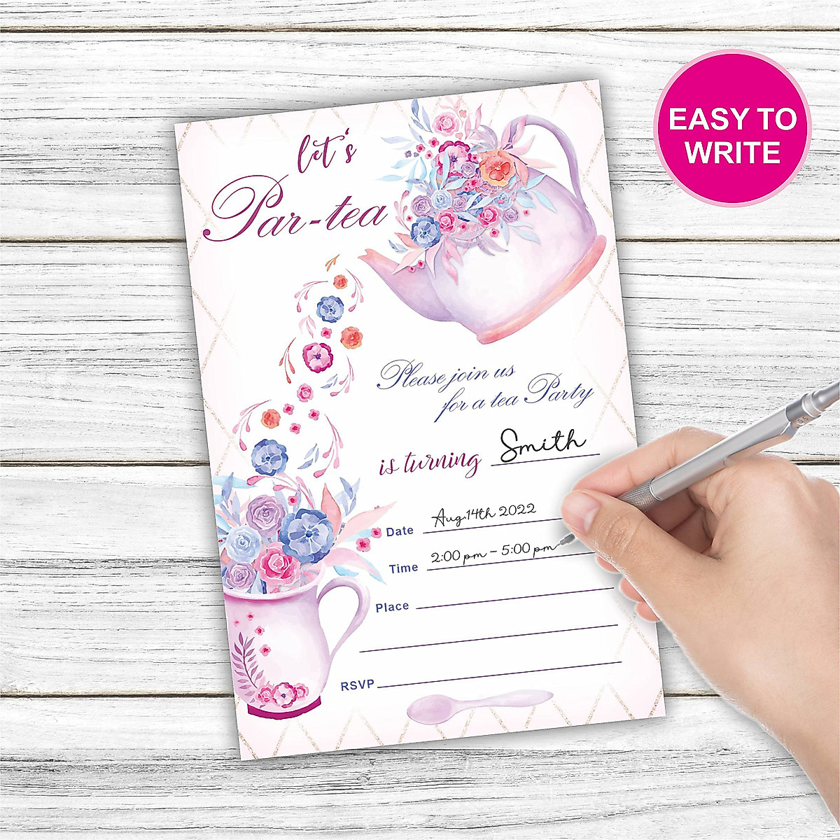 Tea Party Birthday Invitations, Par-tea Birthday Party Invites Decorations, Kids Adults Birthday Party and Events Supplies, 20 Fill-in Invites Cards with Matching Envelopes（YQK-038）