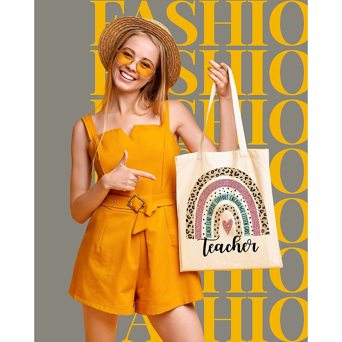 AUSVKAI Canvas Tote Bag Aesthetic for Women, Cute Trendy Teacher Rainbow Reusable Cloth Cotton Bags with Handle for Grocery School Shopping Beach