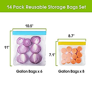LFHHT Reusable Ziplock Bags Silicone Dishwasher Safe, 14 Pack Reusable Gallon Freezer Bags, Extra Thick Leakproof Reusable Food Storage Sandwich Bags for Meats, Fruits, Travel Items, Home Organization-6 Gallon+8 Sandwich