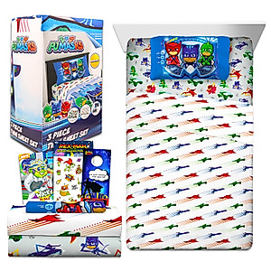 PJ Masks Bedding Set Toddler Bed - Bundle with PJ Masks Bed Sheets with Flat Sheet, Fitted Sheet, and Pillowcase for Twin Bed Plus Stickers, More | PJ Masks Sheets Twin