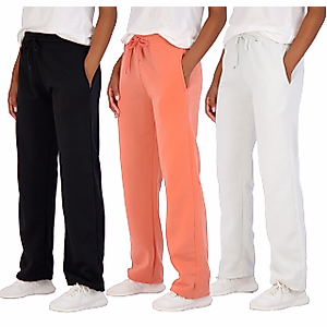 Real Essentials Womens Fleece Open Women Sweatpant Bottom Sweatpants Running Pant Baggy Wide Leg Jogging Sweats Bottoms Teen Lounge Active Ladies Warm Pants Casual Athletic Sweat, Set 8, S, Pack of 3