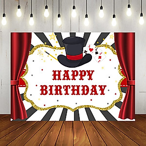 Lofaris 7x5ft Magic Show Happy Birthday Backdrop for Boy Girl Porker Magician Red Curtains Baby Shower Party Decor Supplies Background Magic Trick Black Hat Gold Stars Kids Adults Photo Studio Props