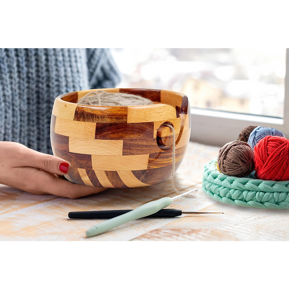 Nagina International Mixed Premium Yarn Storage Bowl For Yarn Balls & Skeins | Crochet & Knitting Bowls Made Out OF Turmeric & Rosewood | Knitter's Gift & Notions (Medium)