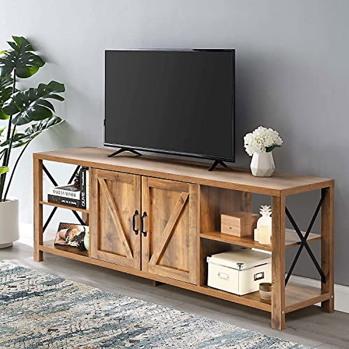 Catrimown 68” Wood TV Stand Farmhouse Entertainment Center with Barn Doors, Rustic Long TV Console Table for 75 Inch TV with Storage Shelves for TVs Up to 78", Rustic Oak