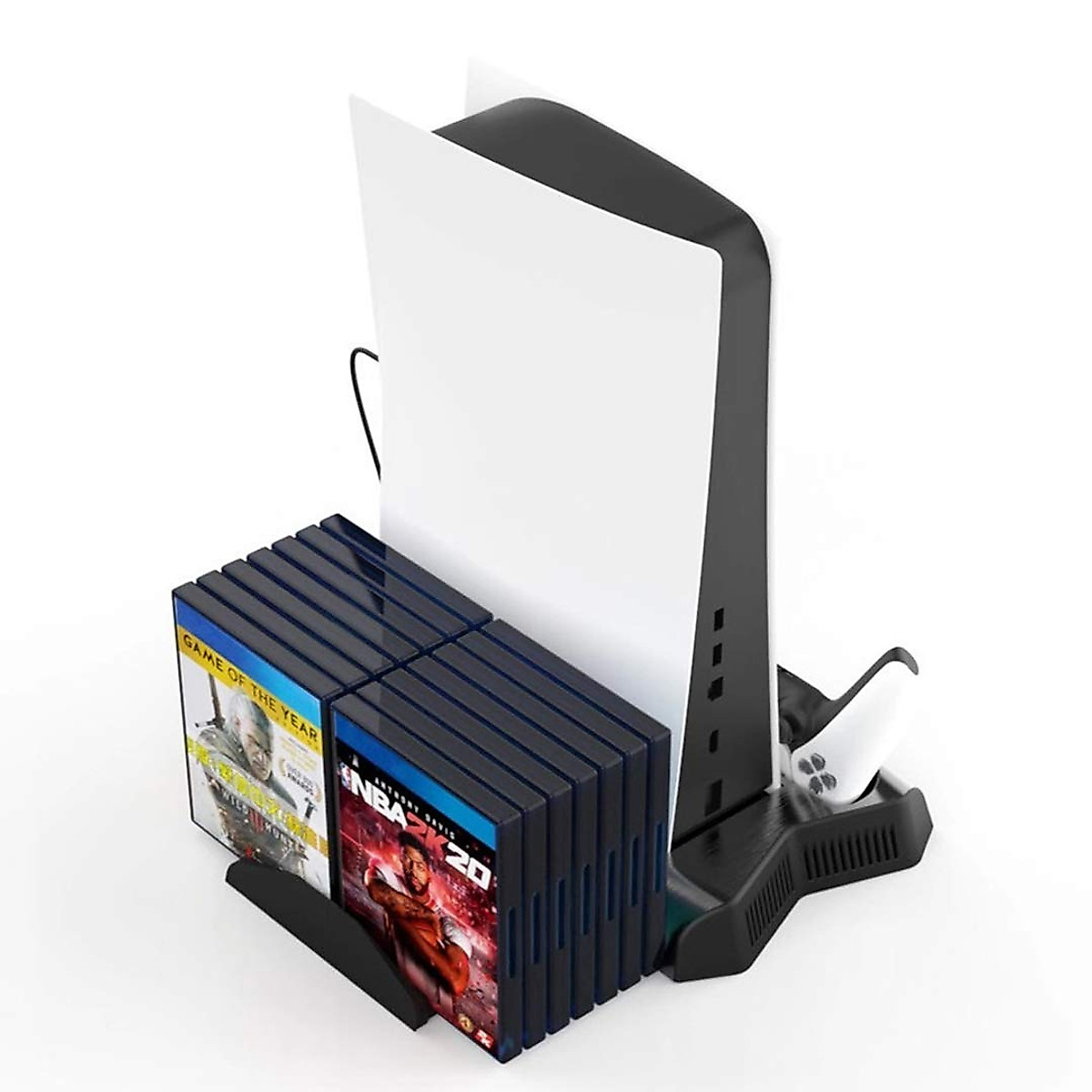 PS 5 Vertical Stand with Cooling Fan for Digital and Disk Edition, Charging Station Dock with Dual Controller Fast Charger Ports and Retractable Game Storage for PS 5 and Controllers
