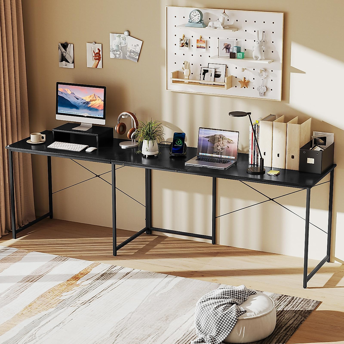 Tangkula L-Shaped Computer Desk with Power Outlets, 95” Long 2-Person Desk with Monitor Shelf, Modern Corner Desk Gaming Table with USB Ports for Home Office