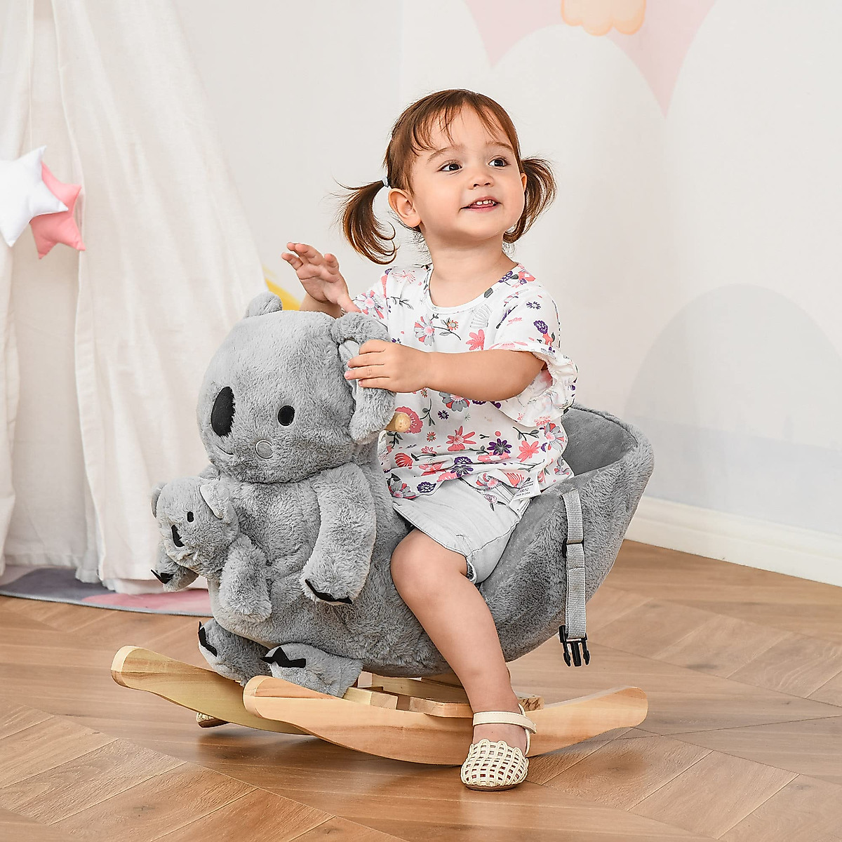 Qaba Kids Ride-On Rocking Horse, Koala-Shaped Rocker with Realistic Sounds for Children 18-36 Months, Gray
