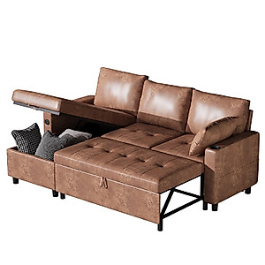 Esright Sleeper Sofa Couch with Pullout Bed, Faux Leather Sofa Bed Pull Out Couch Bed Sofa Pull Out Couch with Storage, Sectional Sleeper Sofa Couch with Pull Out Bed for Living Room Clearance, Brown