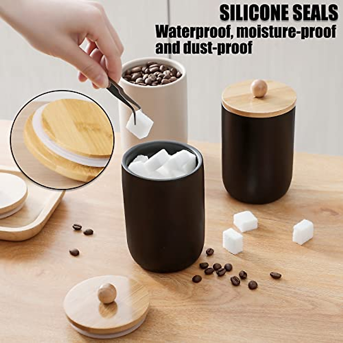 JiatuA Qtip Holder Dispenser with Bamboo Lids, Matte Black Ceramic Apothecary Jar Containers Cotton Ball Holder for Vanity Makeup Organizer Bathroom Canister Storage Farmhouse Decor, 2 Pack