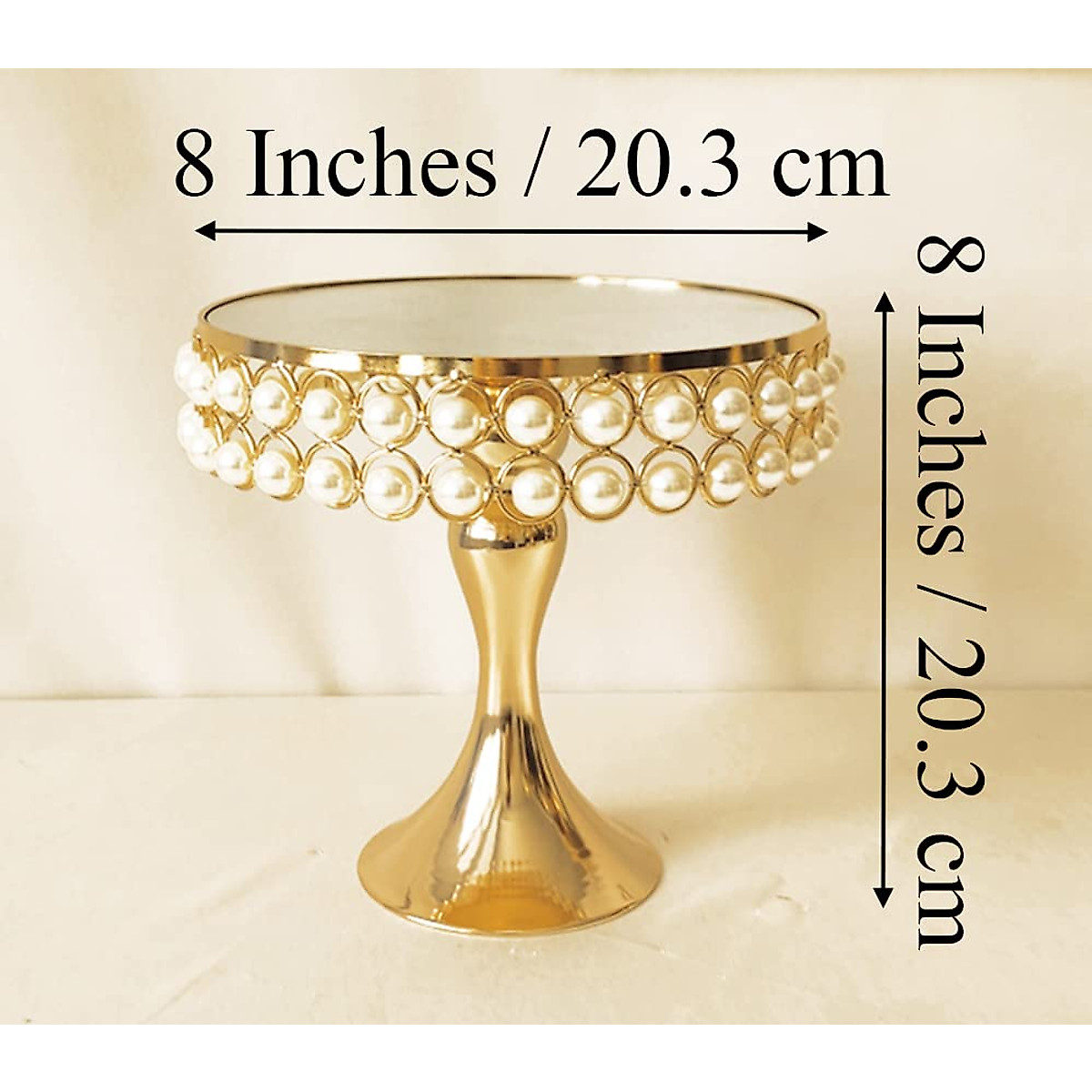 8 Inches 20cm Gold Round Mirror Cake Stand Cupcake Stands Metal Pedestal Holder with Pearls, Party Dessert Cheese Display Plate for Wedding Party Birthday Baby Shower Celebration Home Decoration