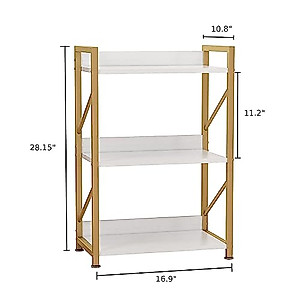 FUTRWORE Small Bookshelf for Small Spaces, 3 Tier Bookcase, Narrow Gold Book Shelf, Small Shelf Open Display Rack for Bedroom, Living Room, Home Office,White&Gold