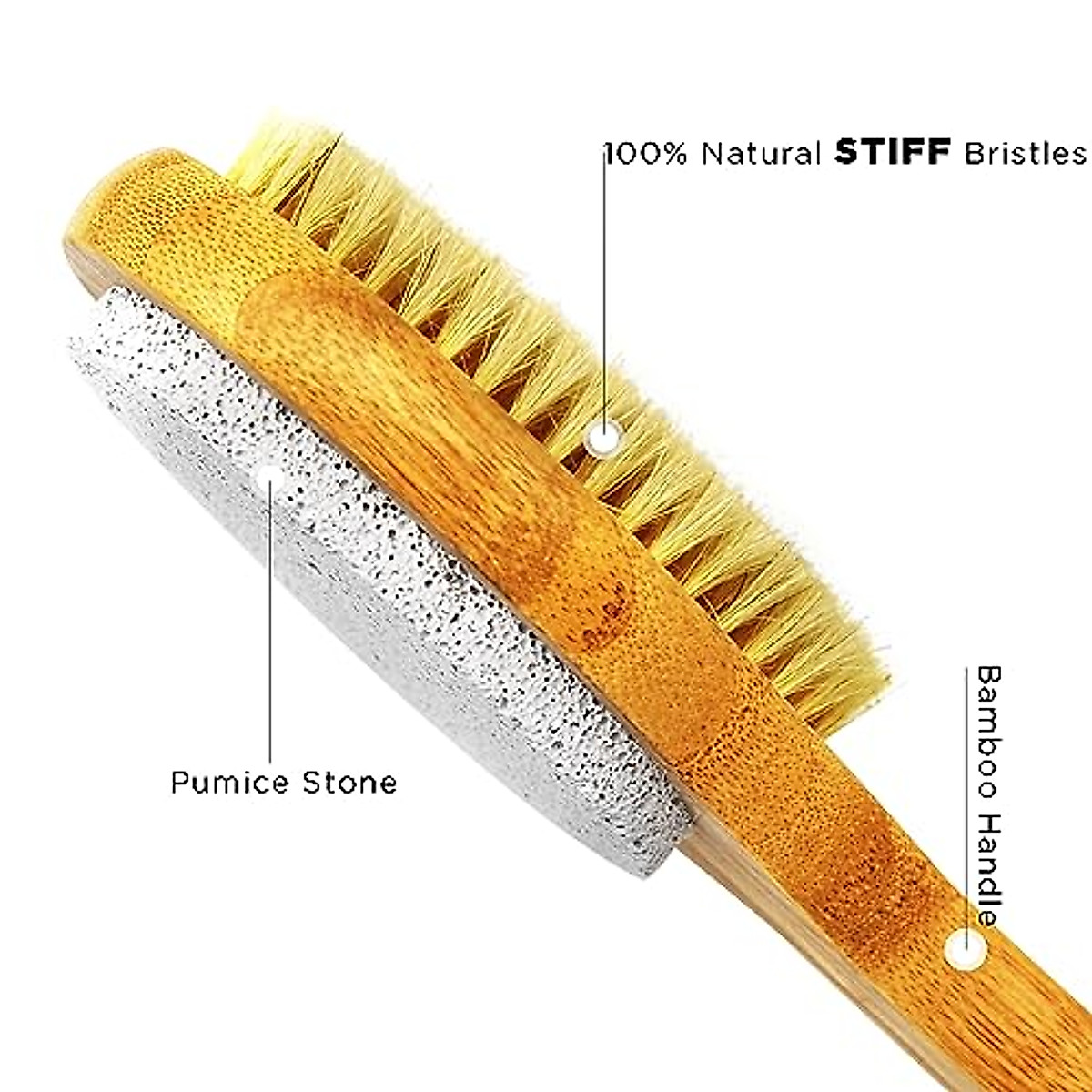 ICANdOIT Stiff Sisal Bristles 2 in 1 Long Handle Bath&Shower Brush,Bath Scrubber with Pumice Stone,Exfoliate&Soften Skin,Dry Brushing Body Brush for Cellulite&Lymphatic Drainage,Reduce ingrown Hairs