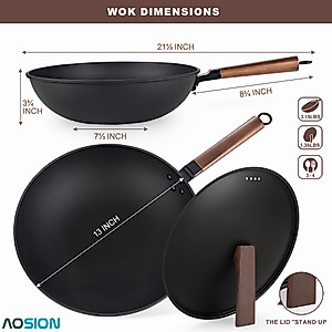 AOSION 13'' Carbon Steel Wok, 12 Piece Wok Pan & Stir-Fry Pans Set with Lid & Cookwares, No Chemical Coated Flat Bottom Chinese Wok Pan for Induction, Electric, Gas, Halogen, All Stoves