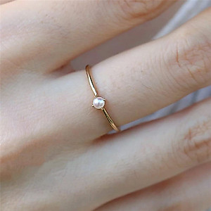 WDIYIEETN 18K Gold Plated Simple Pearl Ring Four Claw Round Dainty Pearl Ring Ladies Wedding Ring (5)