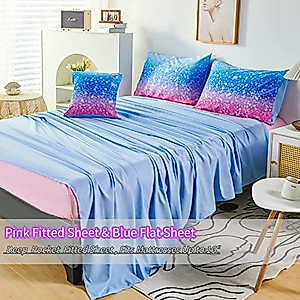 RYNGHIPY 6Pcs Sparkle Gradient Glitter Comforter Sets, Ombre Indigo Pink Gradient Bedding Set for Boys Girls, Rainbow Bed in A Bag Twin Size