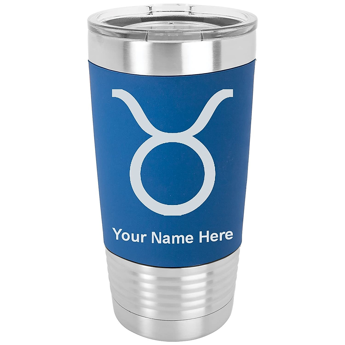 LaserGram 20oz Vacuum Insulated Tumbler Mug, Zodiac Sign Taurus, Personalized Engraving Included (Silicone Grip, Dark Blue)