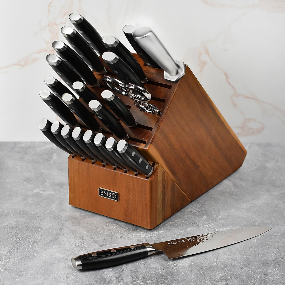Enso Knife Set - Made in Japan - HD Series - VG10 Hammered Damascus Japanese Stainless Steel with Acacia Knife Block - 25 Piece