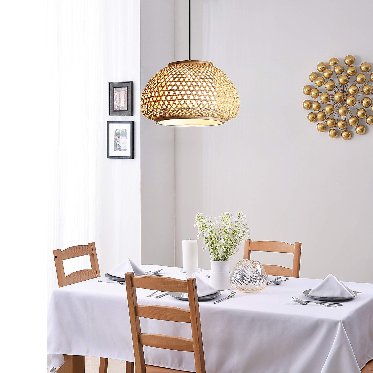 KWOKING Lighting Handmade Flush Mount Ceiling Light Retro Bamboo Dome Shade Pendant Light 1 Light Woven Hanging Lamp for Dining Table,Restaurant - 23.5"